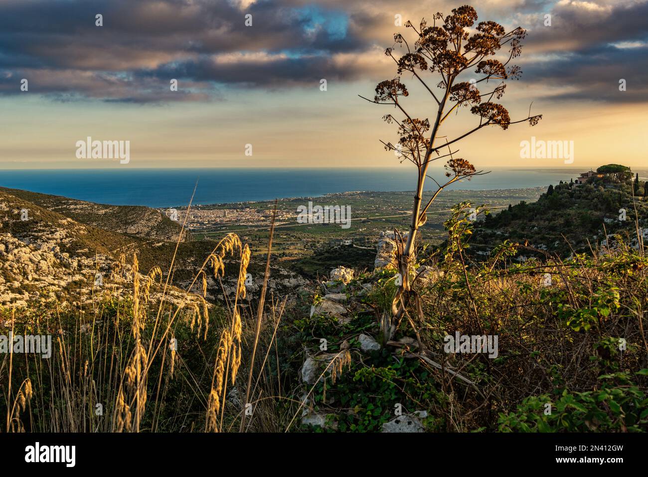 The city of Avola and the Sicilian sea seen from the mountains of ...