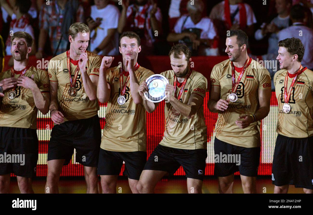 German players celebrate their third place win during the FIVB Men's ...