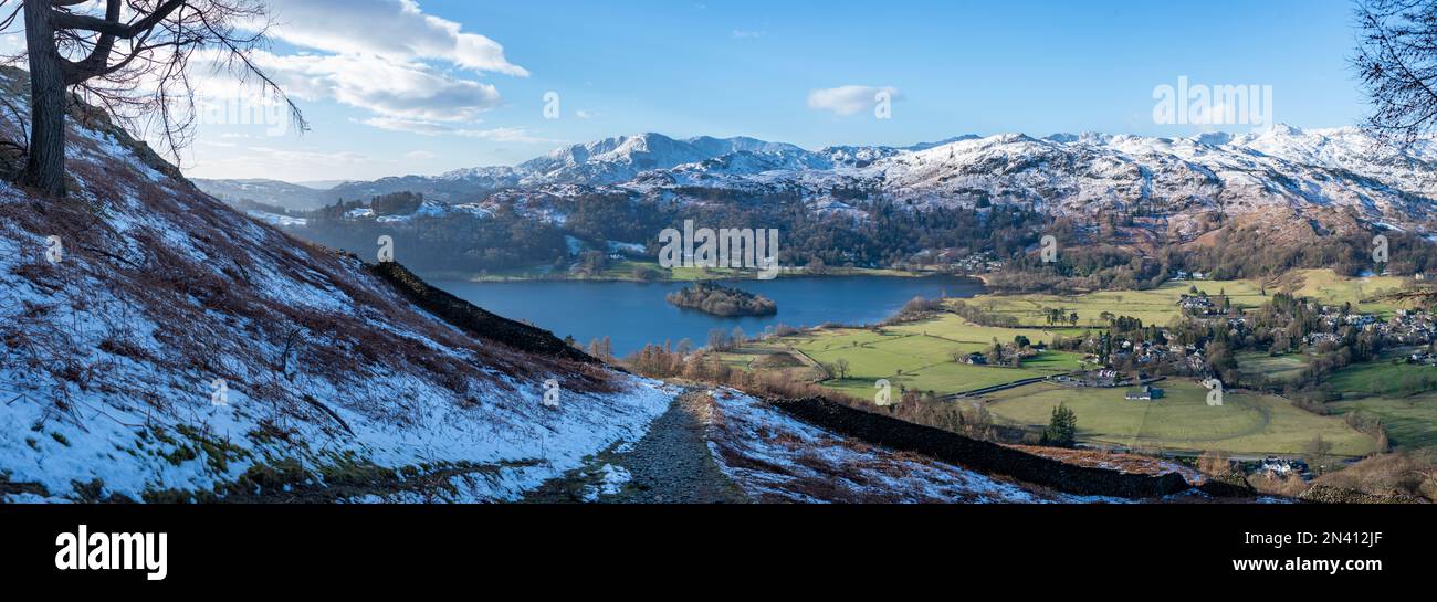 Panoramic view of Grasmere with High Raise and the western fells in the ...