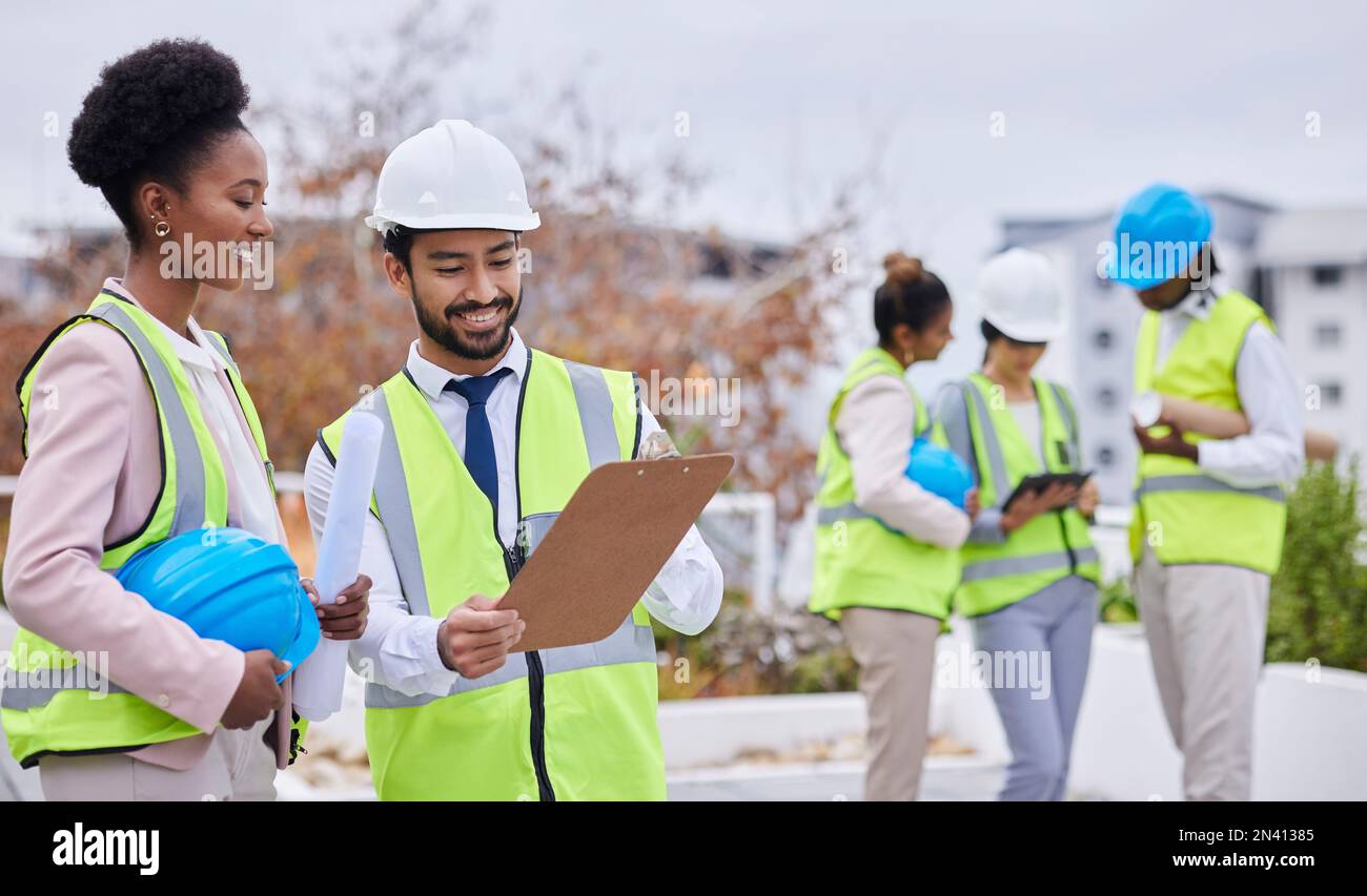 Construction worker team, discussion and clipboard for planning vision, strategy and blueprint ...