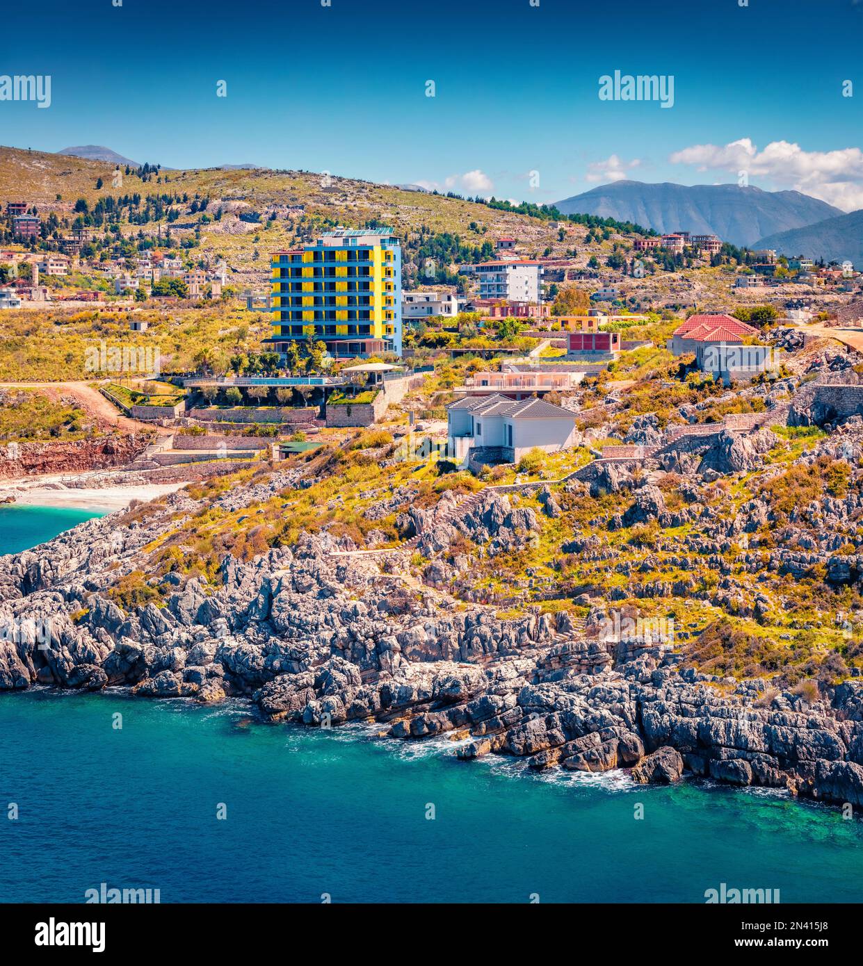 Picturesque spring cityscape of Saranda port. Spectacular Mediterranean ...