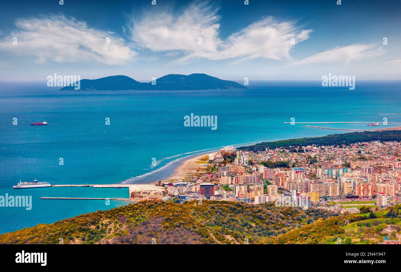 Attractive spring cityscape of Vlore city from Kanines fortress ...