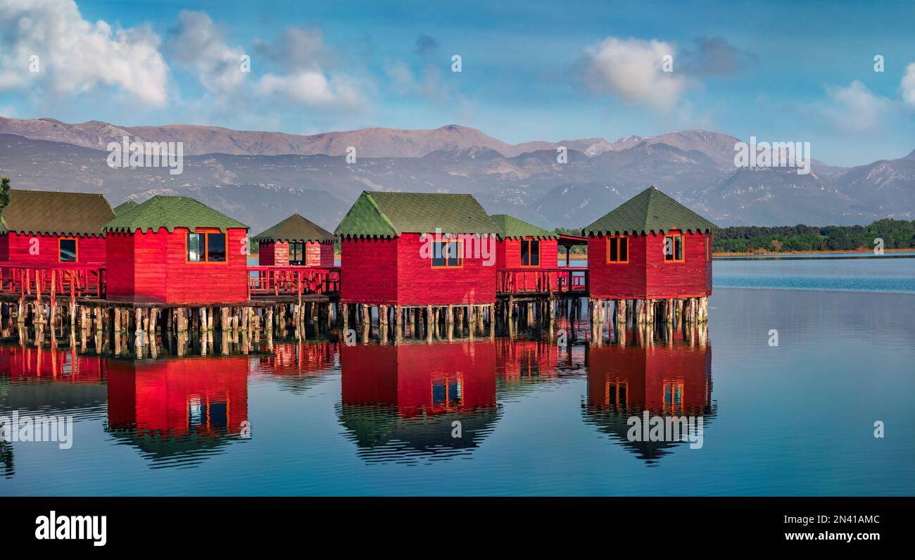 Red fishing dock on popular tourist attraction Patocut Laguna. Stunning ...