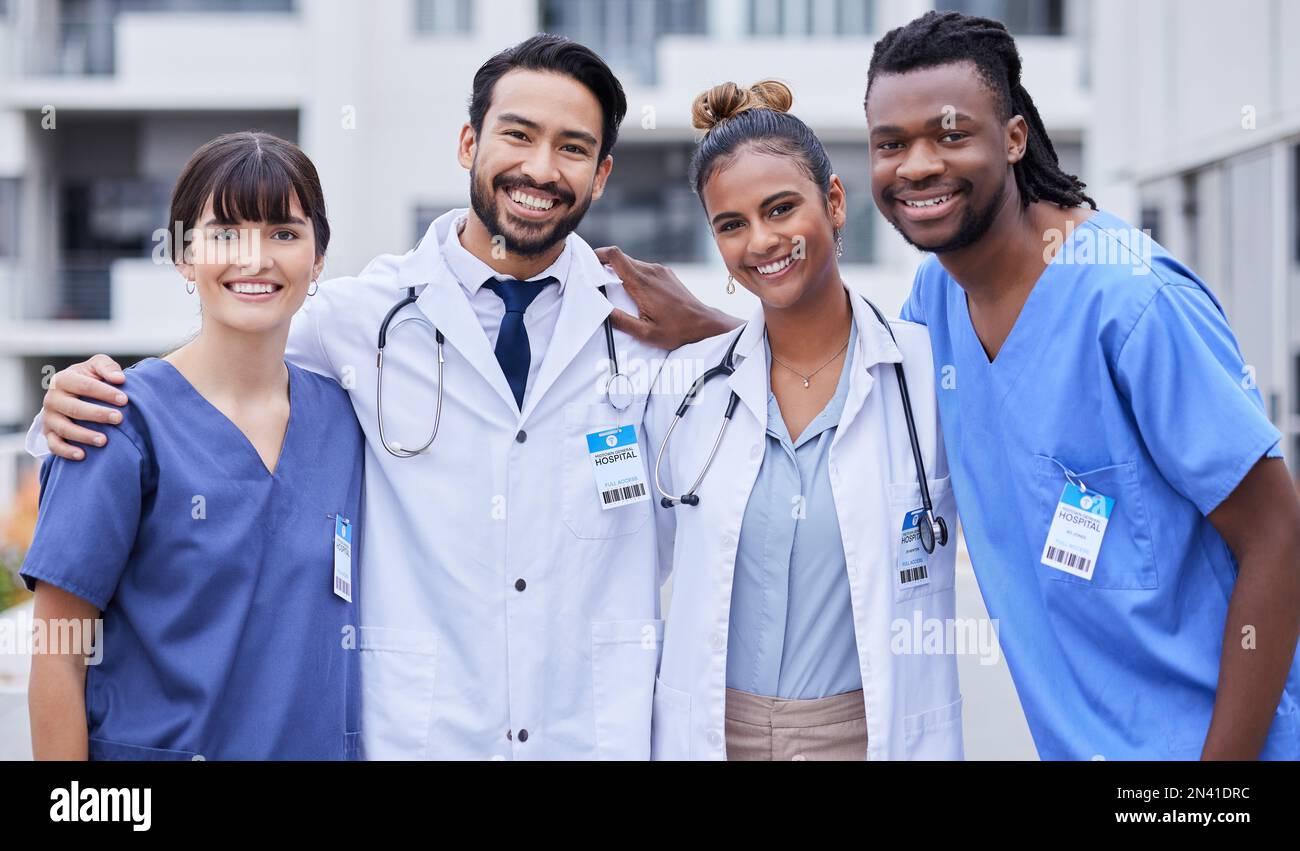 Healthcare, doctors and portrait of a hug for medicine, city nursing ...