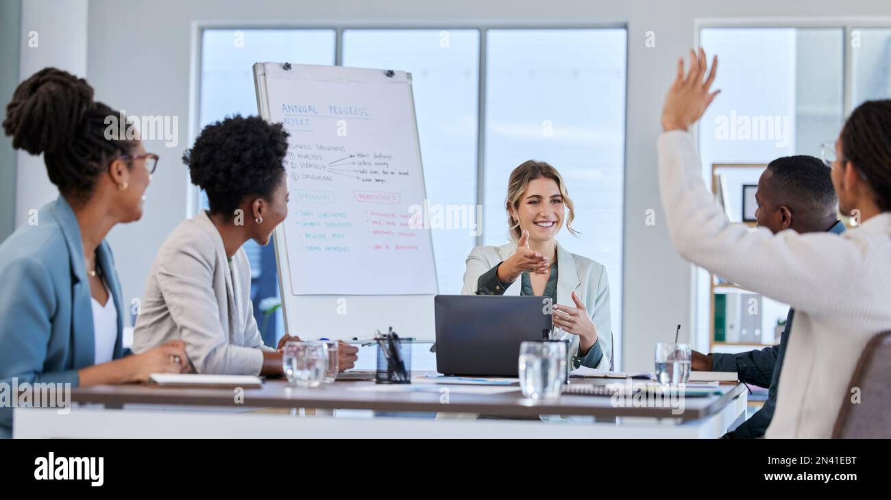 Questions, leadership or business people in a meeting or presentation ...