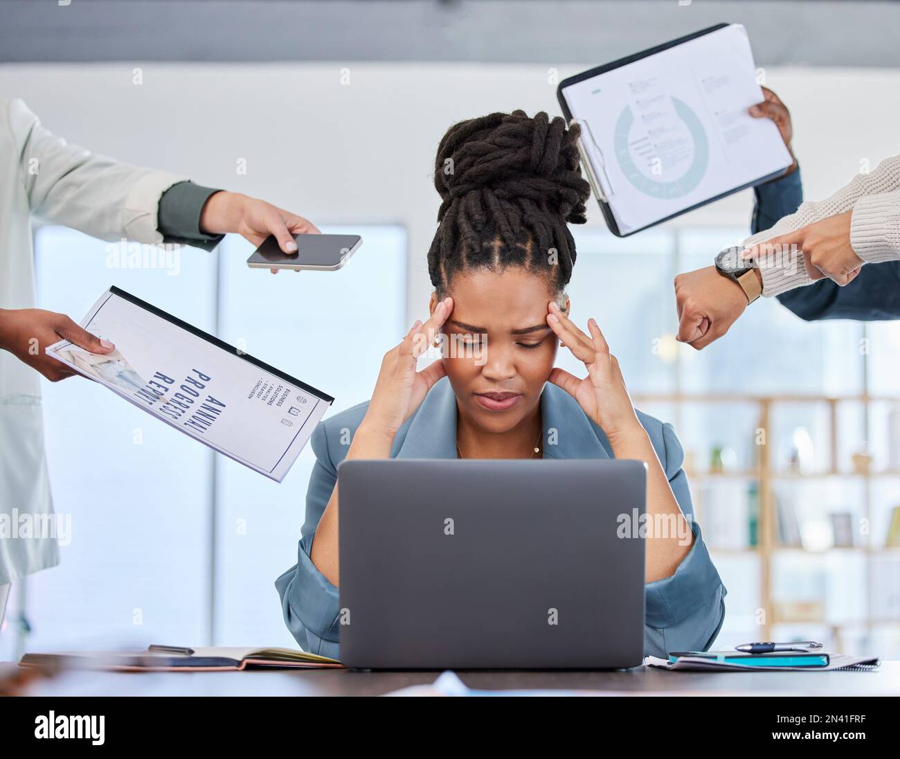 Headache, stress or black woman multitasking documents, portfolio or ...