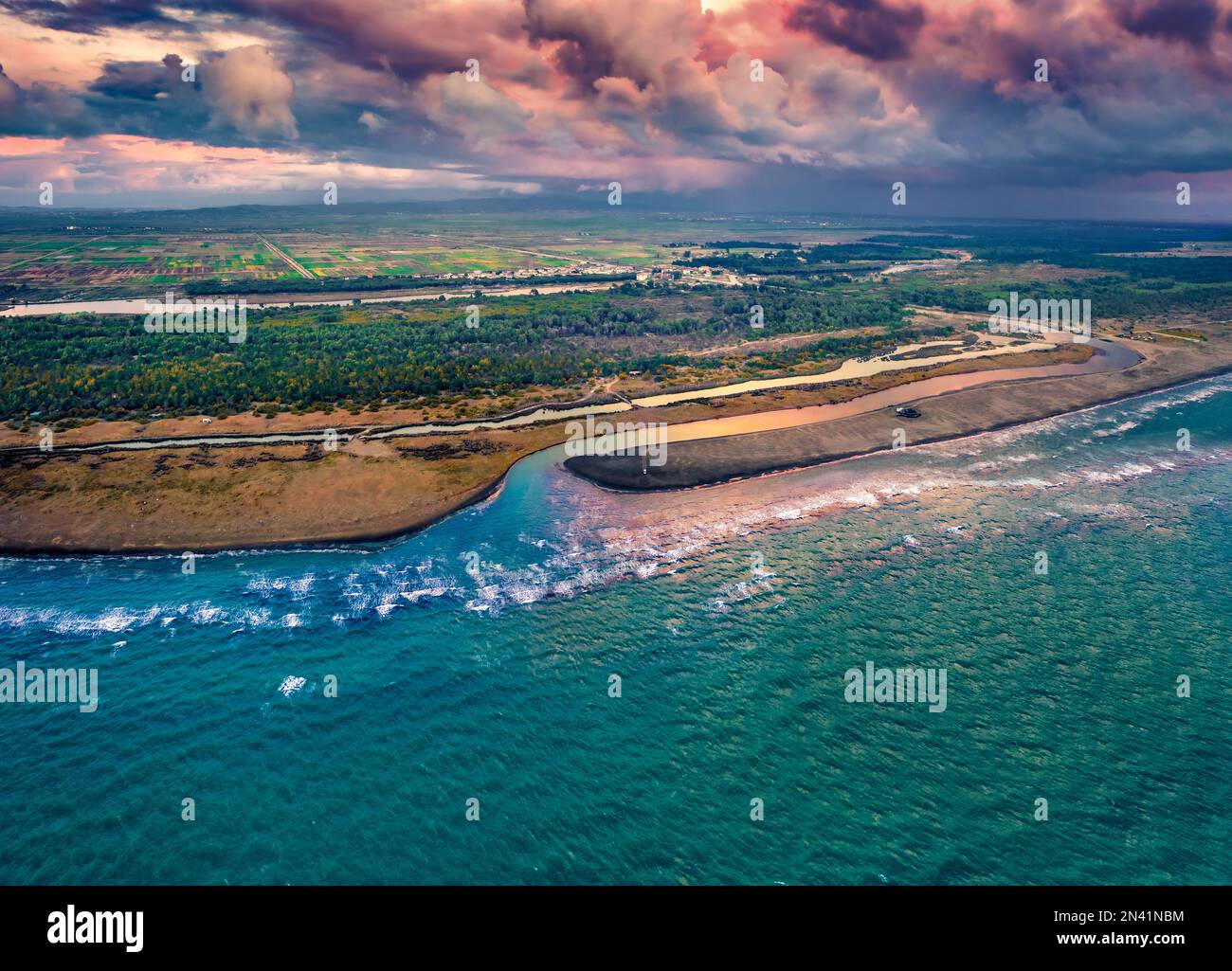 Gloomy spring seascape of Adriatic sea. View from flying drone of ...