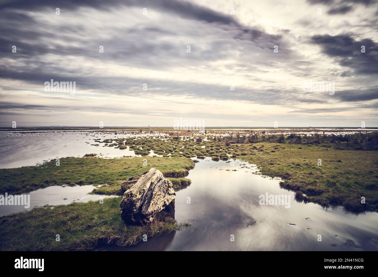 Flooded farm fields on River Ribble estuary floodplain in winter Stock ...