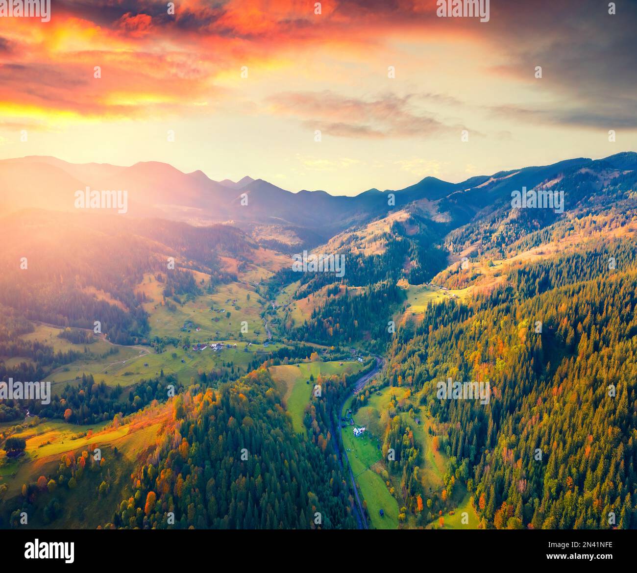 Astonishing autumn view from flying drone of Bystrets' village. Aerial ...