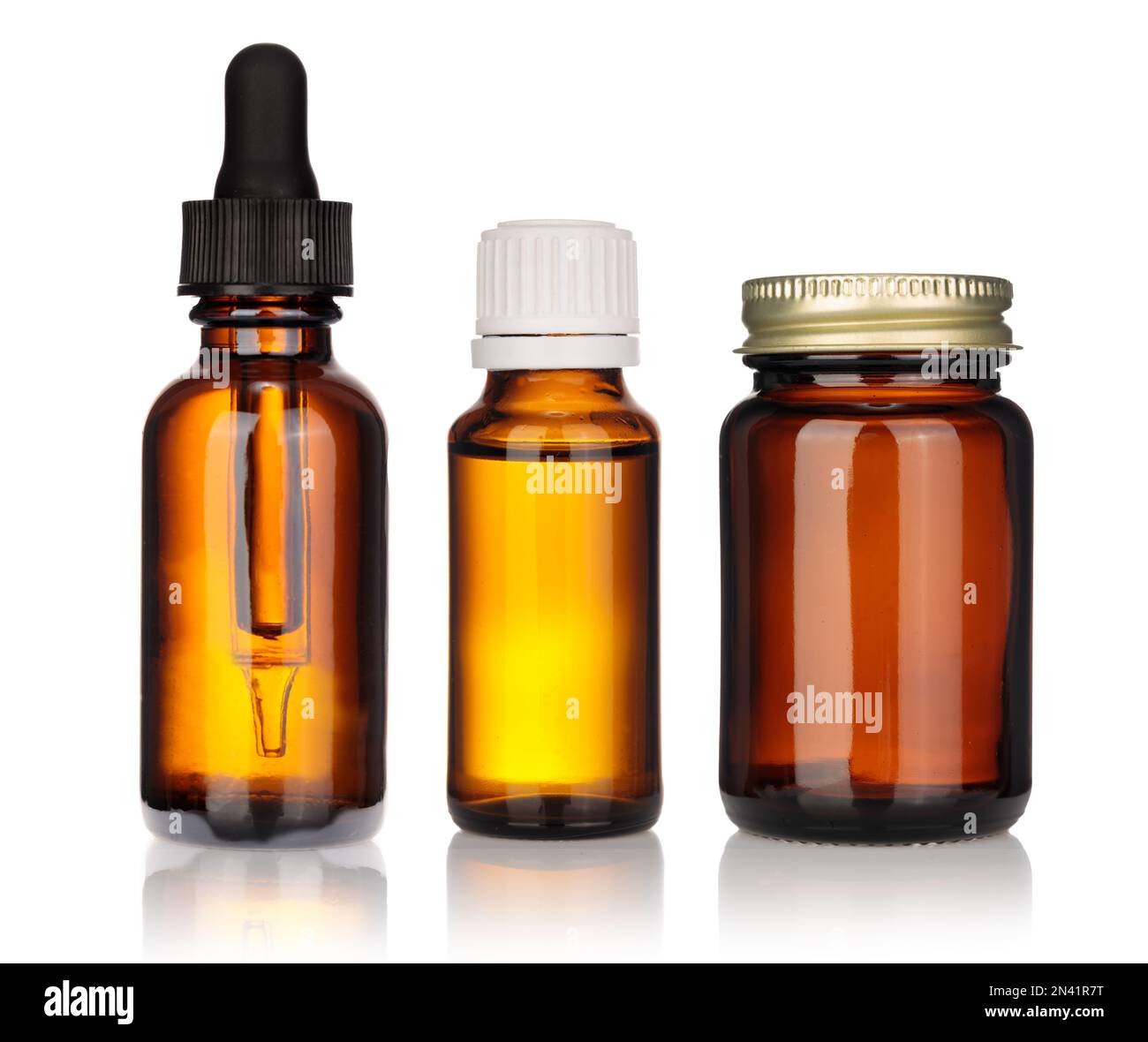 Various brown dropper bottles of glass pipette for medicine pills in ...