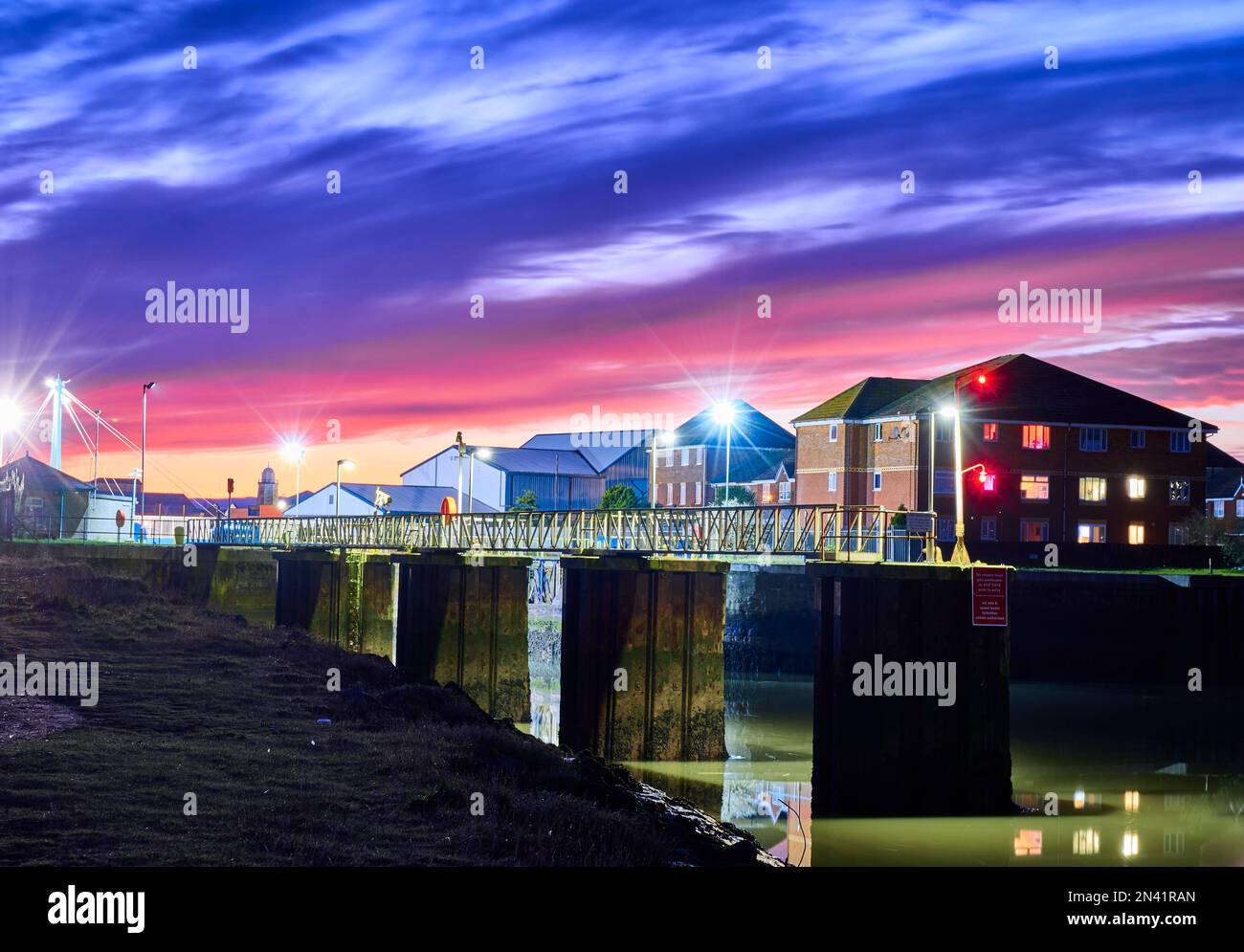 Pontoon and Gantry at entrance to marina on the River Wyre estuary ...