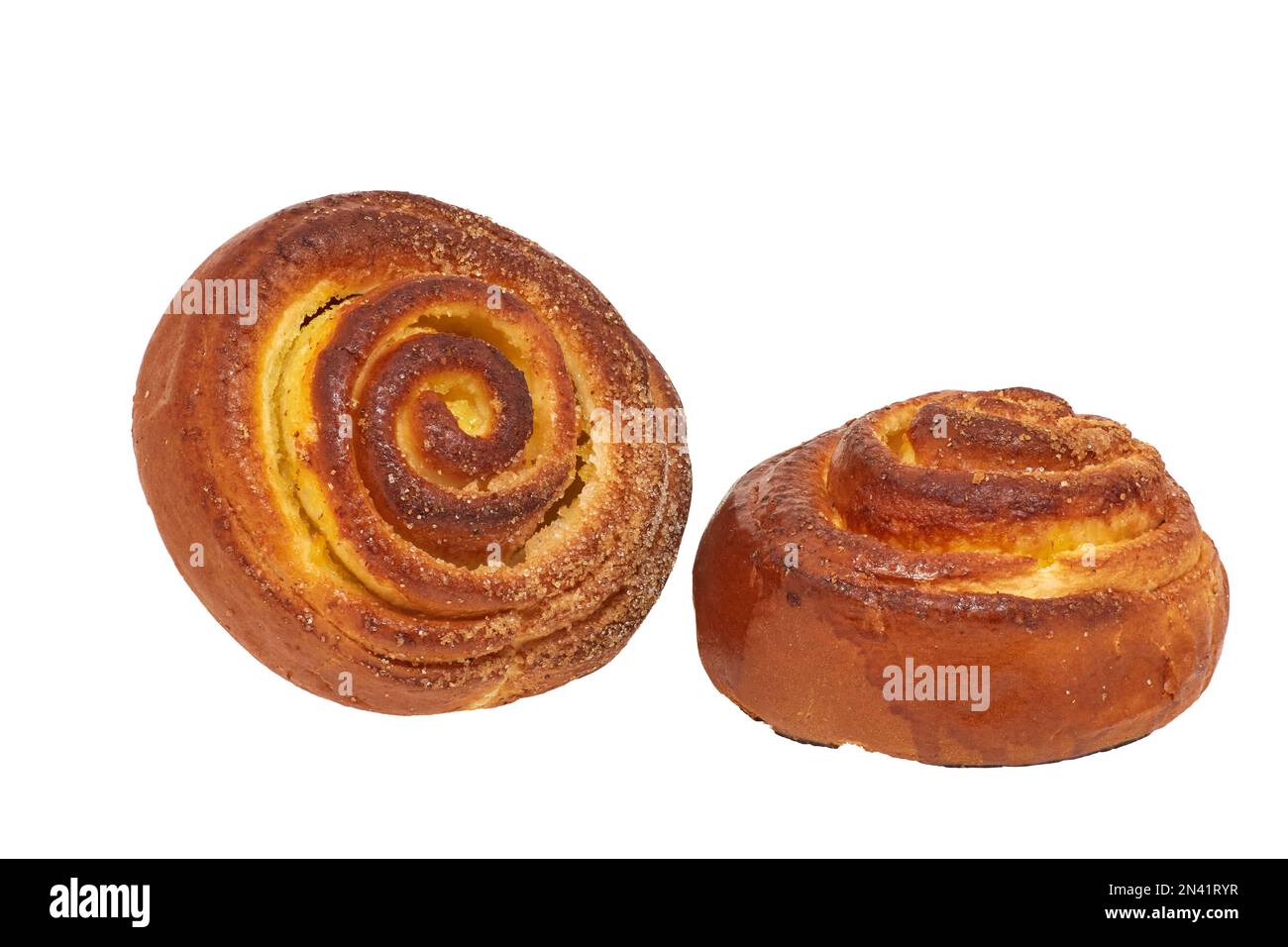 Image of two spun buns with sugar on a white background Stock Photo - Alamy