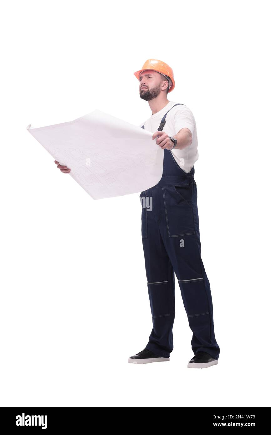 competent foreman Builder looking at drawings. isolated on white Stock ...