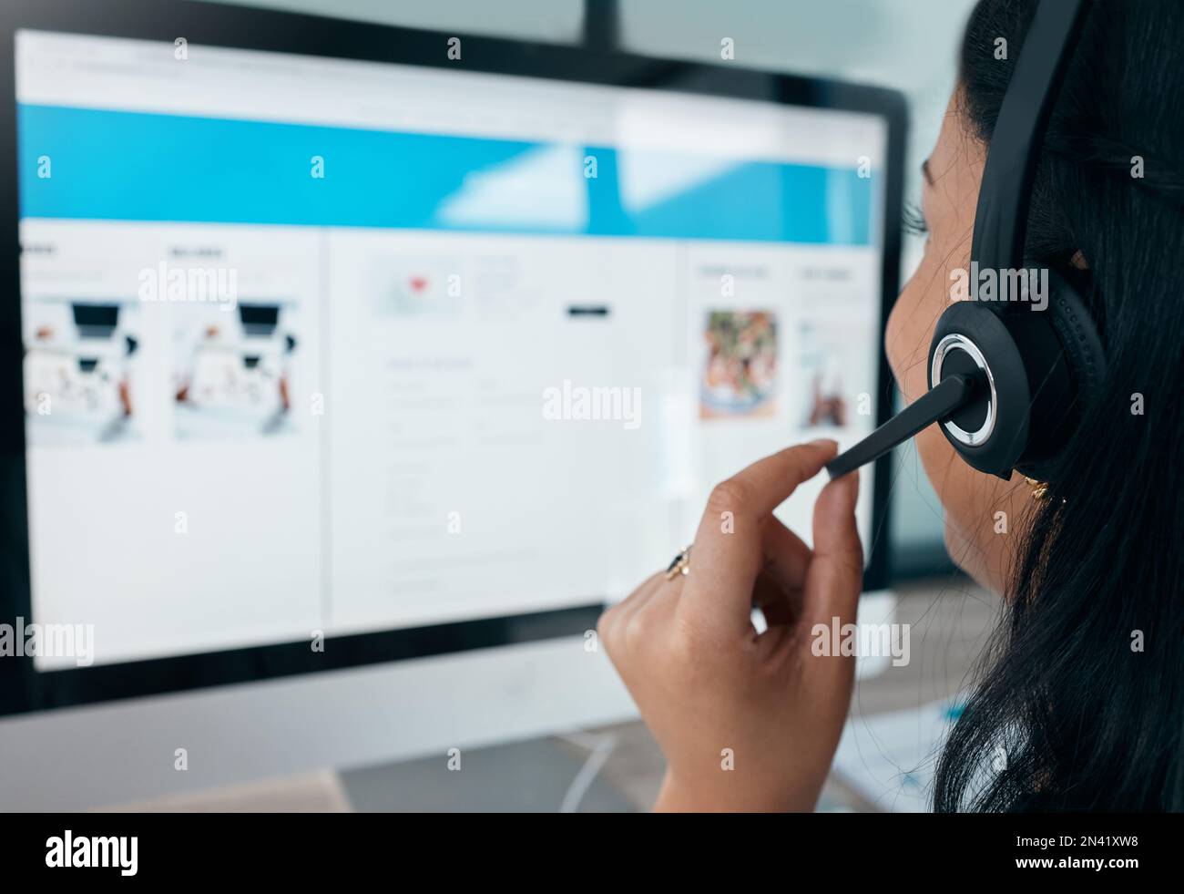 Call center, computer screen and woman agent for customer service, crm ...