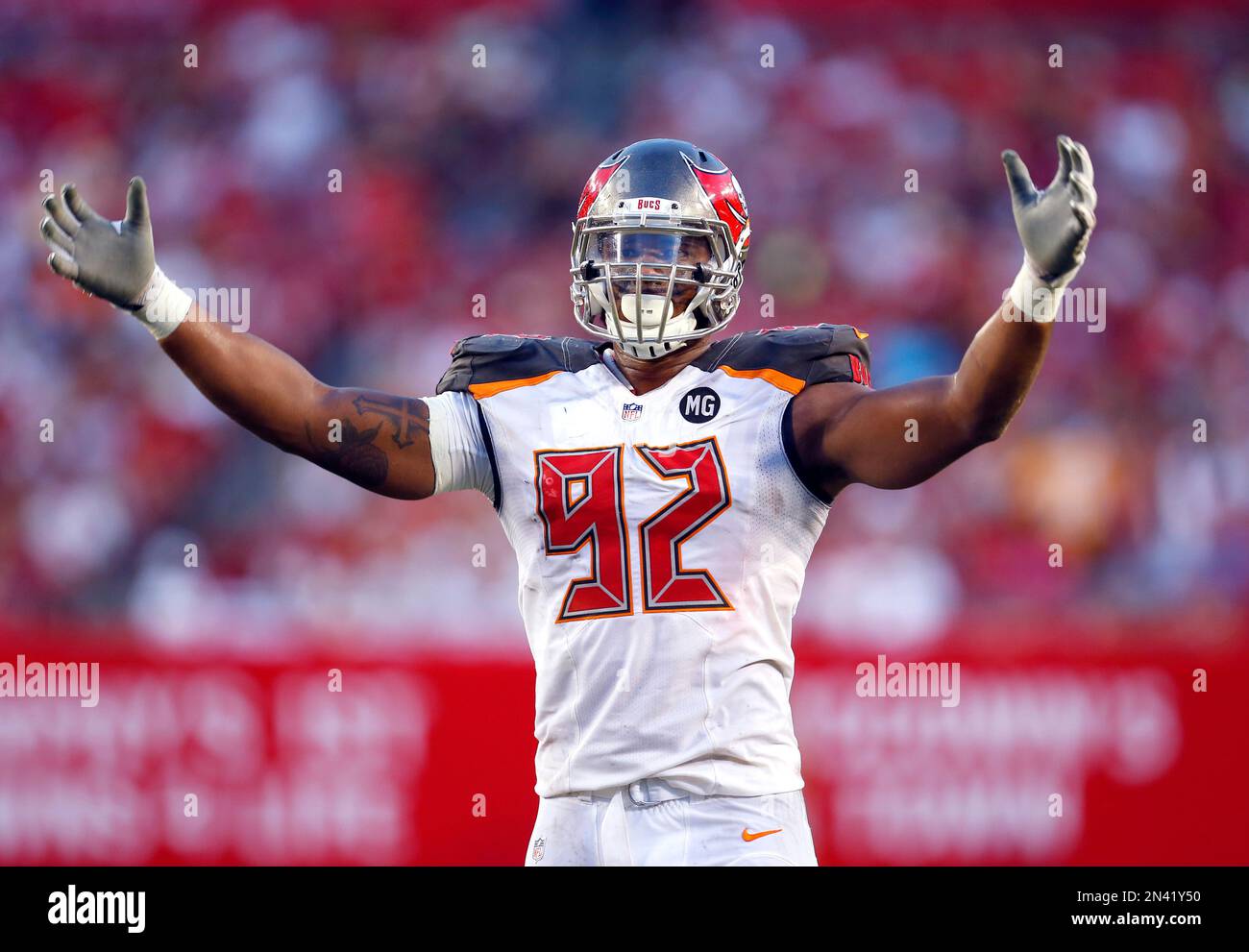 Tampa Bay Buccaneers defensive end William Gholston (92) calls for the ...