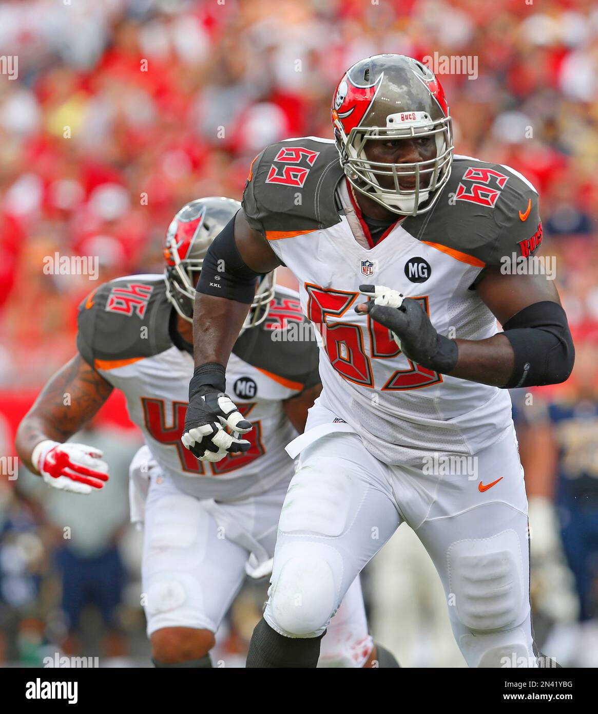 Tampa Bay Buccaneers tackle Demar Dotson (69) looks to make a block ...