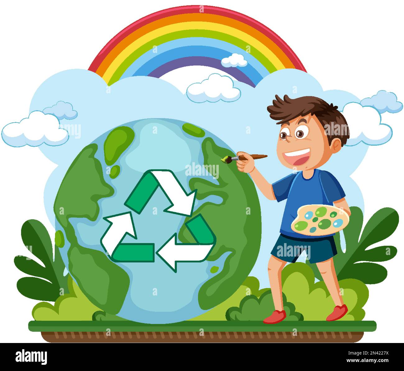 A boy painting recycle symbol on earth illustration Stock Vector Image ...