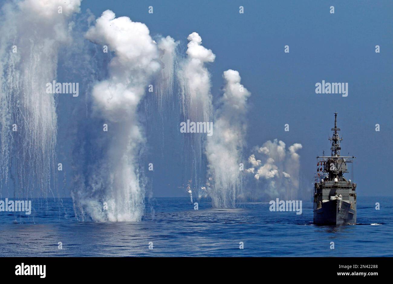 Taiwan Navy's Perry-class frigate fires chaff during the annual Han ...