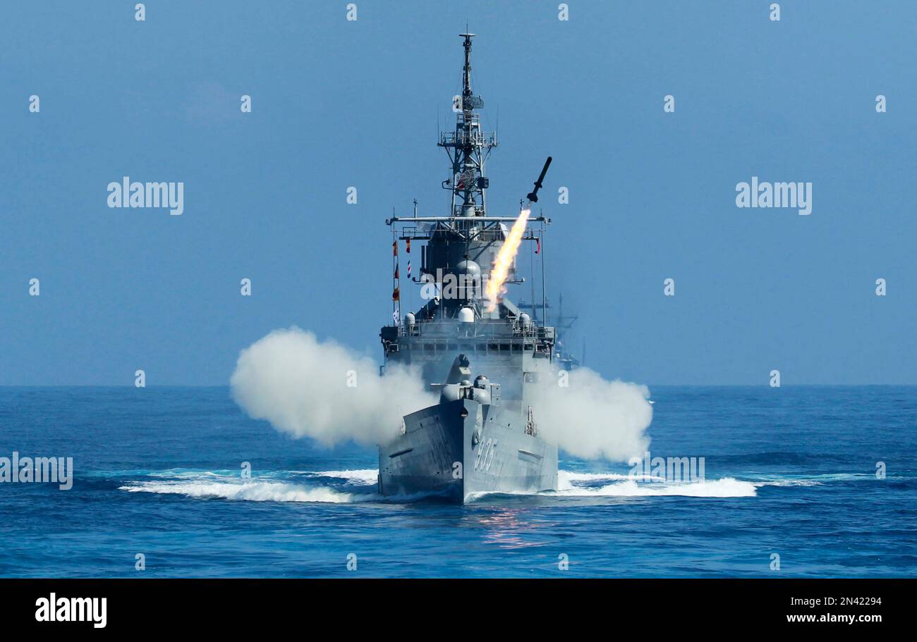 Taiwan Navy's Perry-class frigate launches an ASROC (anti-submarine ...