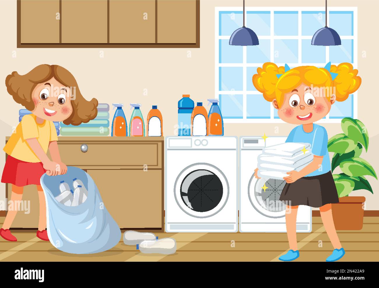 Scene with kids doing laundry illustration Stock Vector Image & Art - Alamy