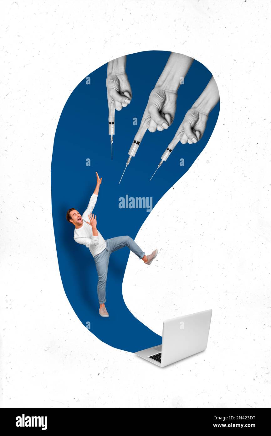 Vertical collage photo of young scared stressed guy nervous horrified ...