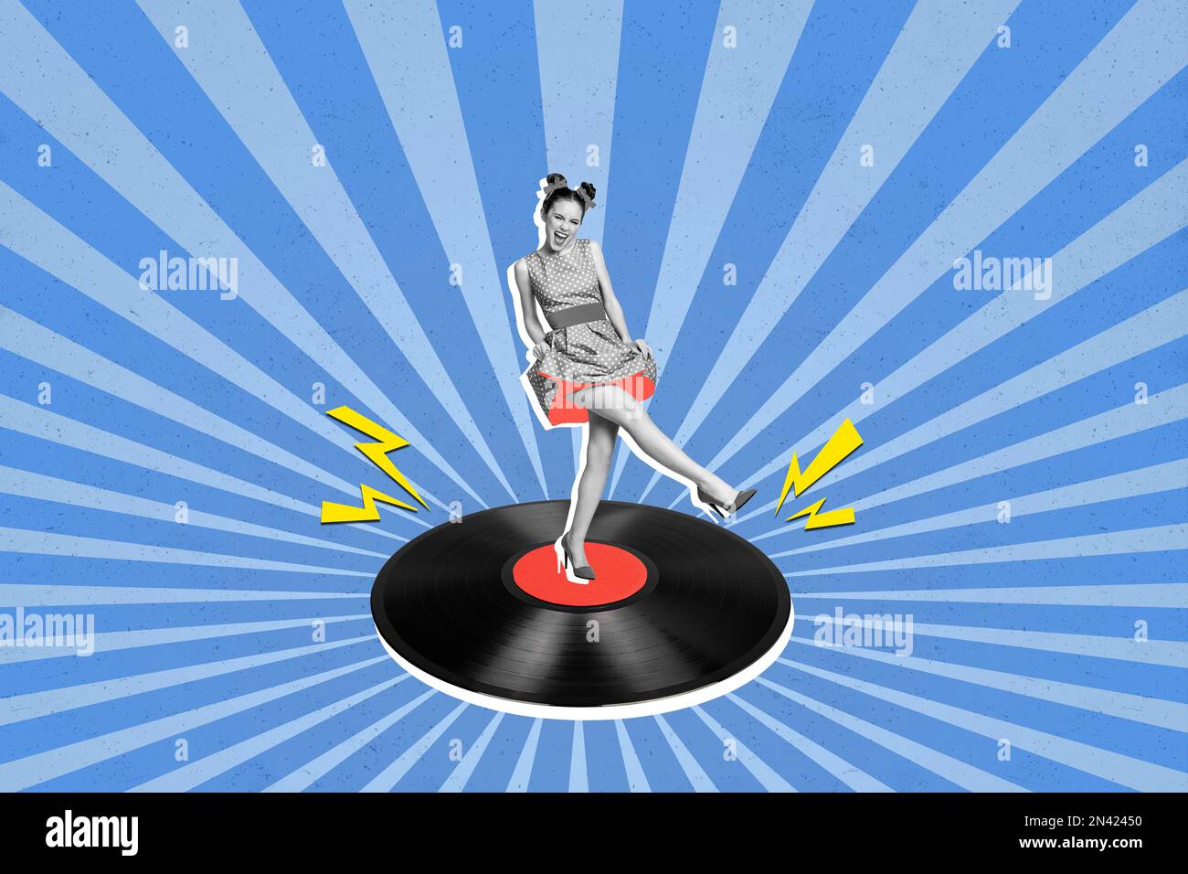 Photo poster of crazy carefree retro nostalgia vintage girl dancing ...