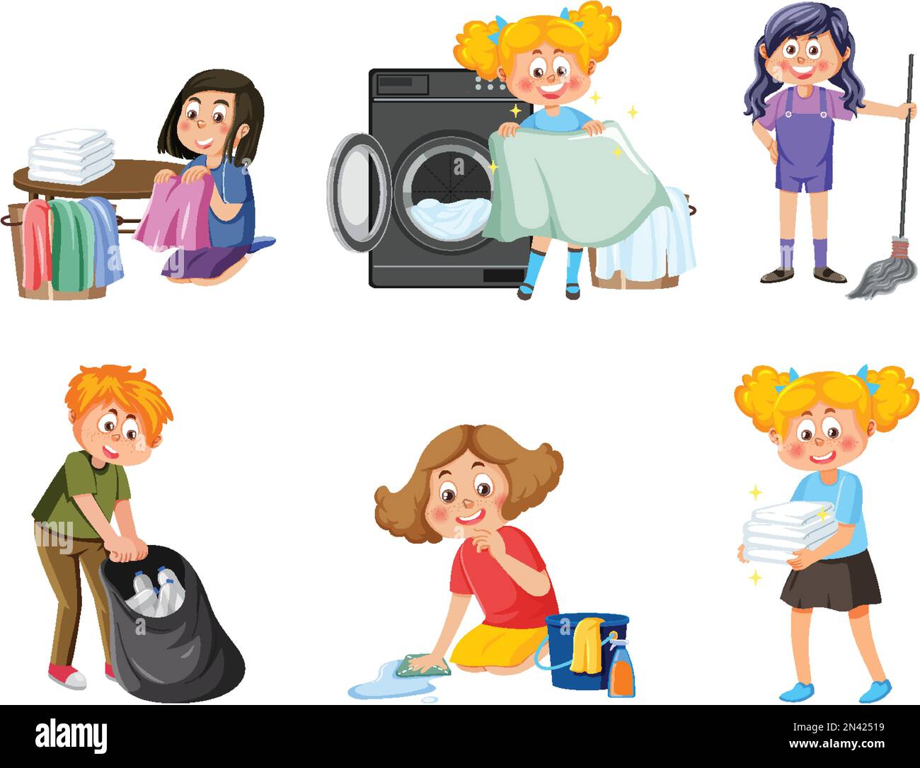 Children doing housework characters set illustration Stock Vector Image ...