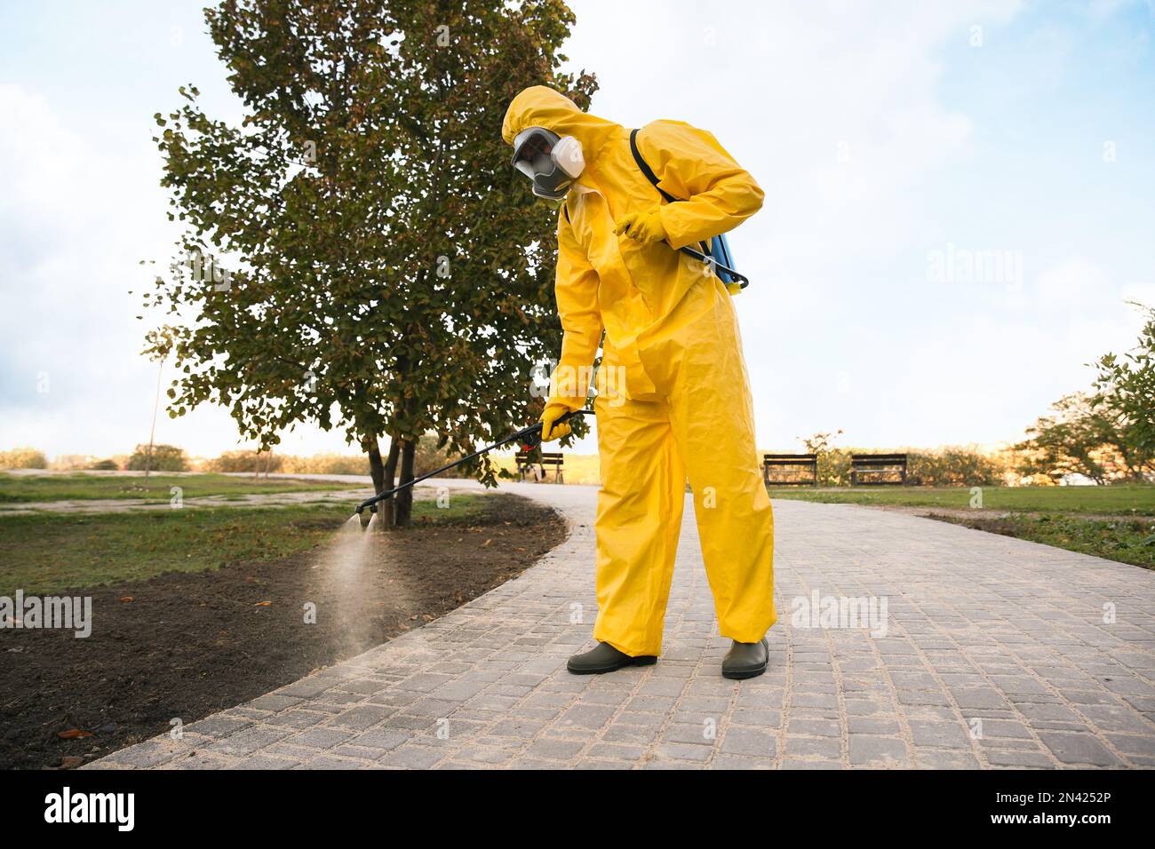 Person in hazmat suit disinfecting street pavement with sprayer ...