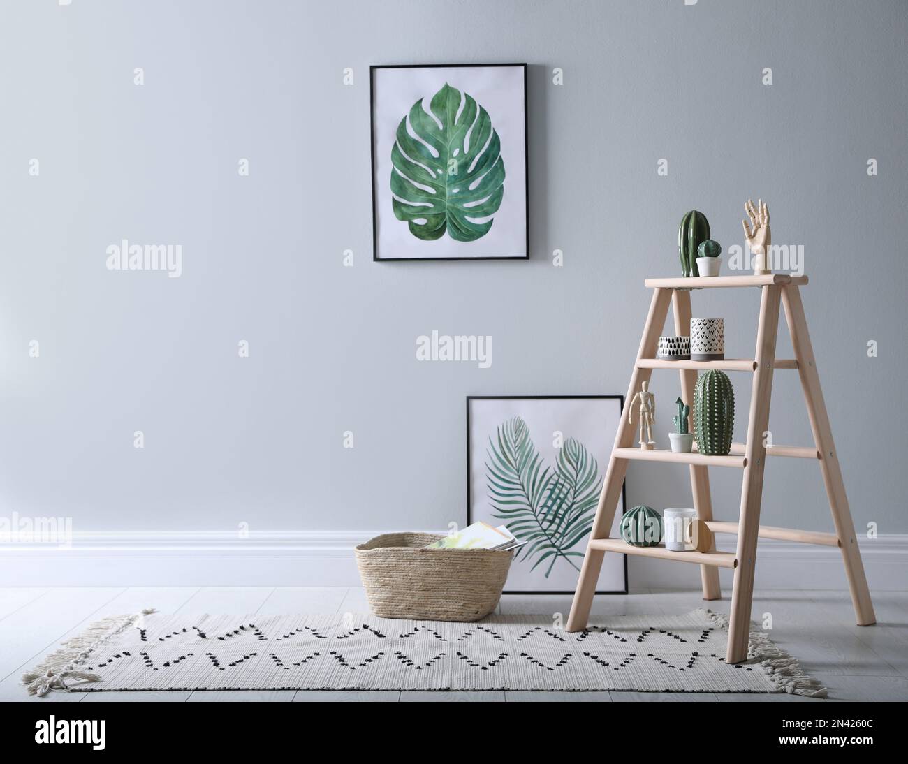 Beautiful room interior with stylish wooden ladder Stock Photo - Alamy