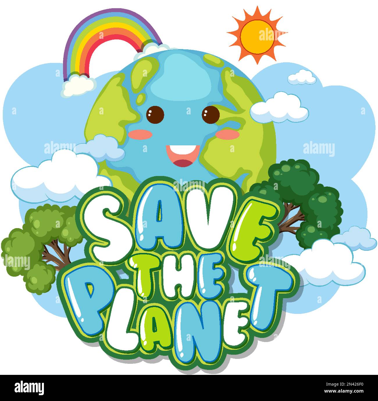 Save the planet text with a happy earth character illustration Stock ...