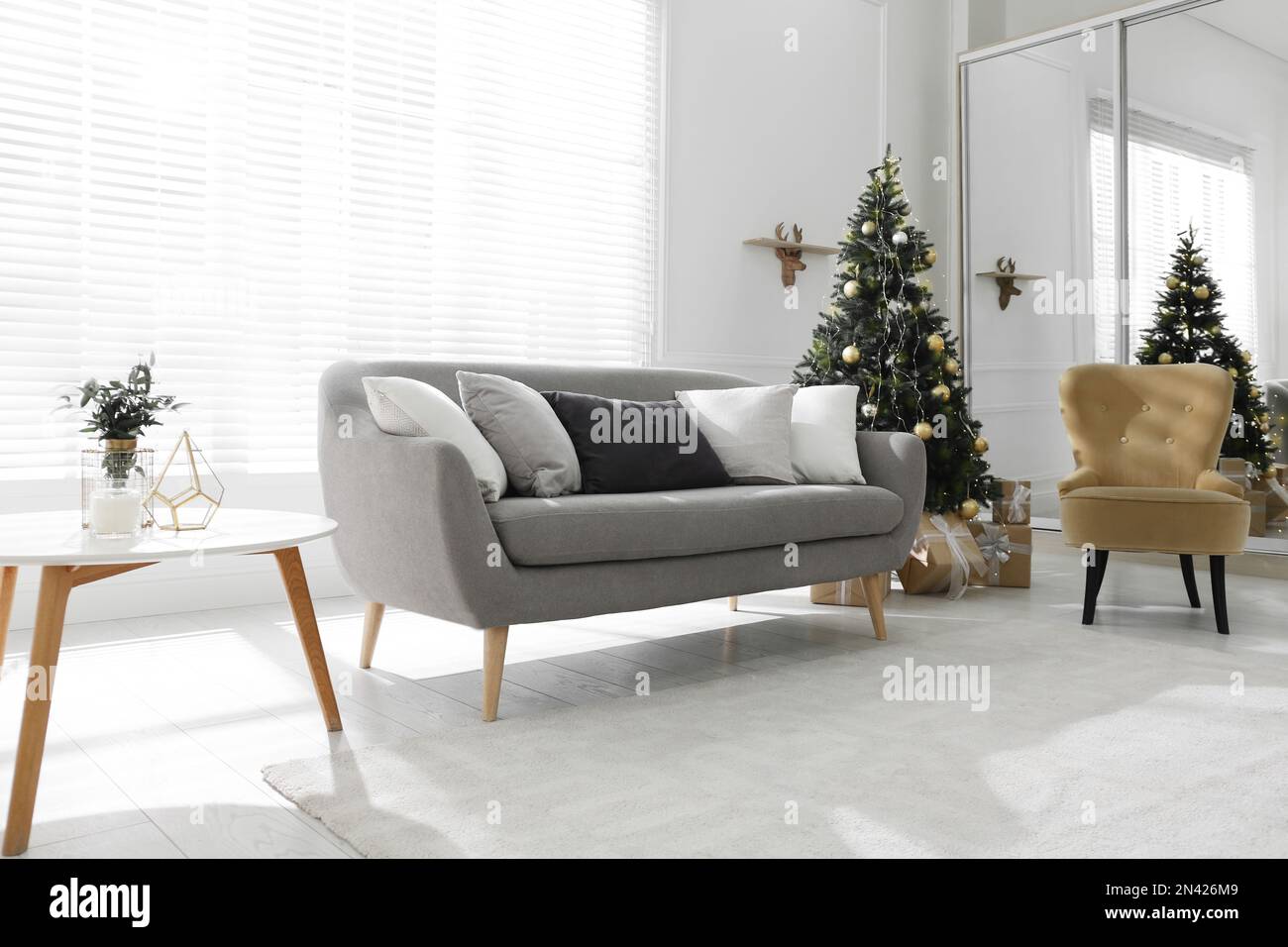 Beautiful Christmas tree and sofa in contemporary living room. Interior ...