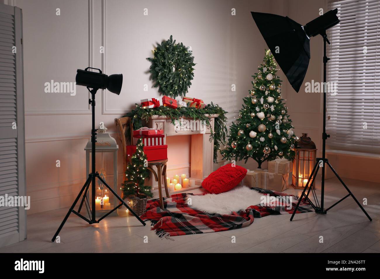 Beautiful Christmas themed photo zone with professional equipment and ...