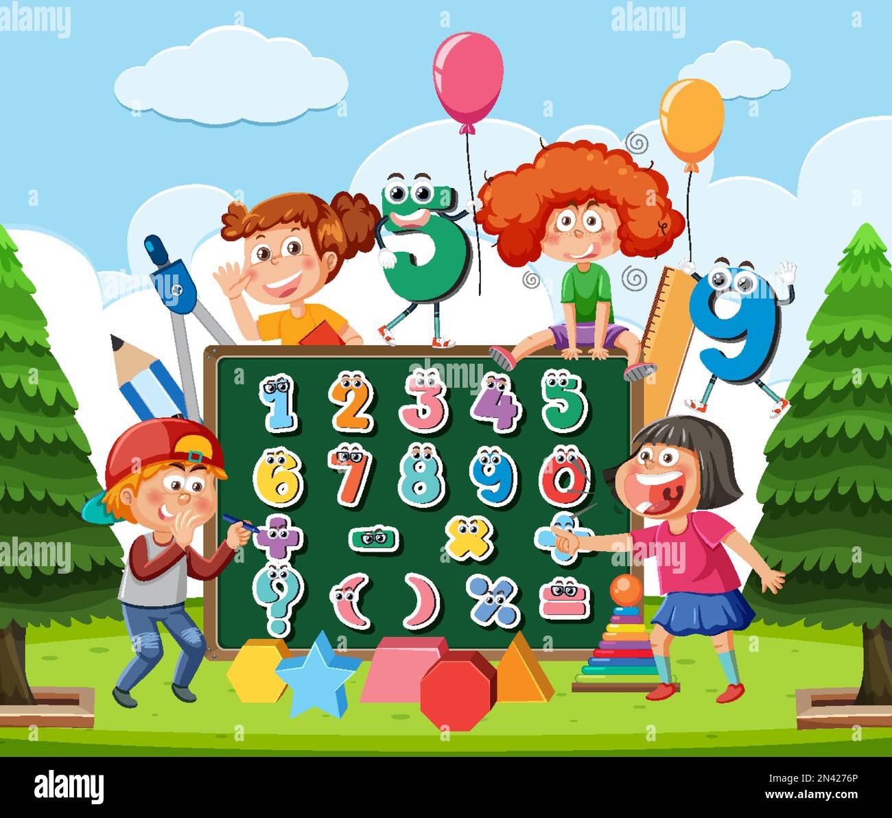 School kids with math theme outdoor background illustration Stock ...