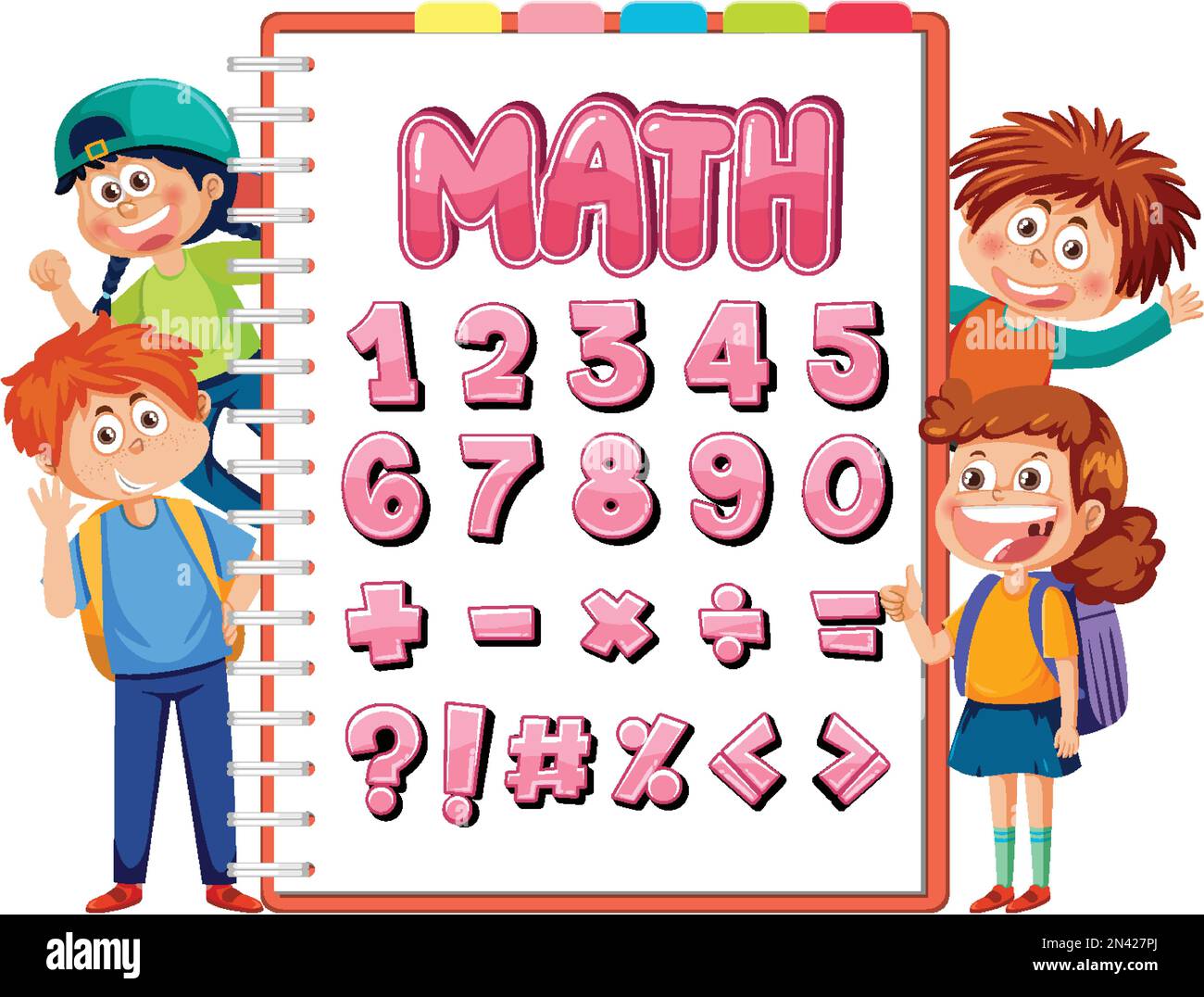 Number and math equation on note paper icon with kids character ...