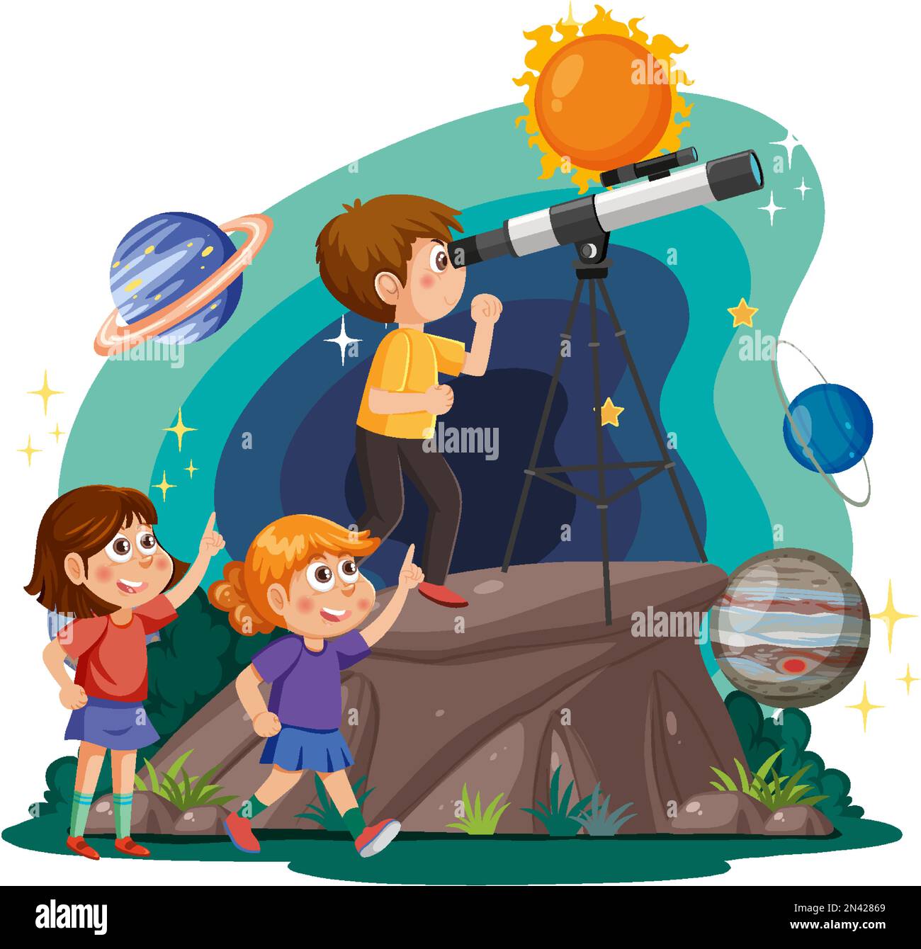 Kids observing the sky with a telescope illustration Stock Vector Image ...