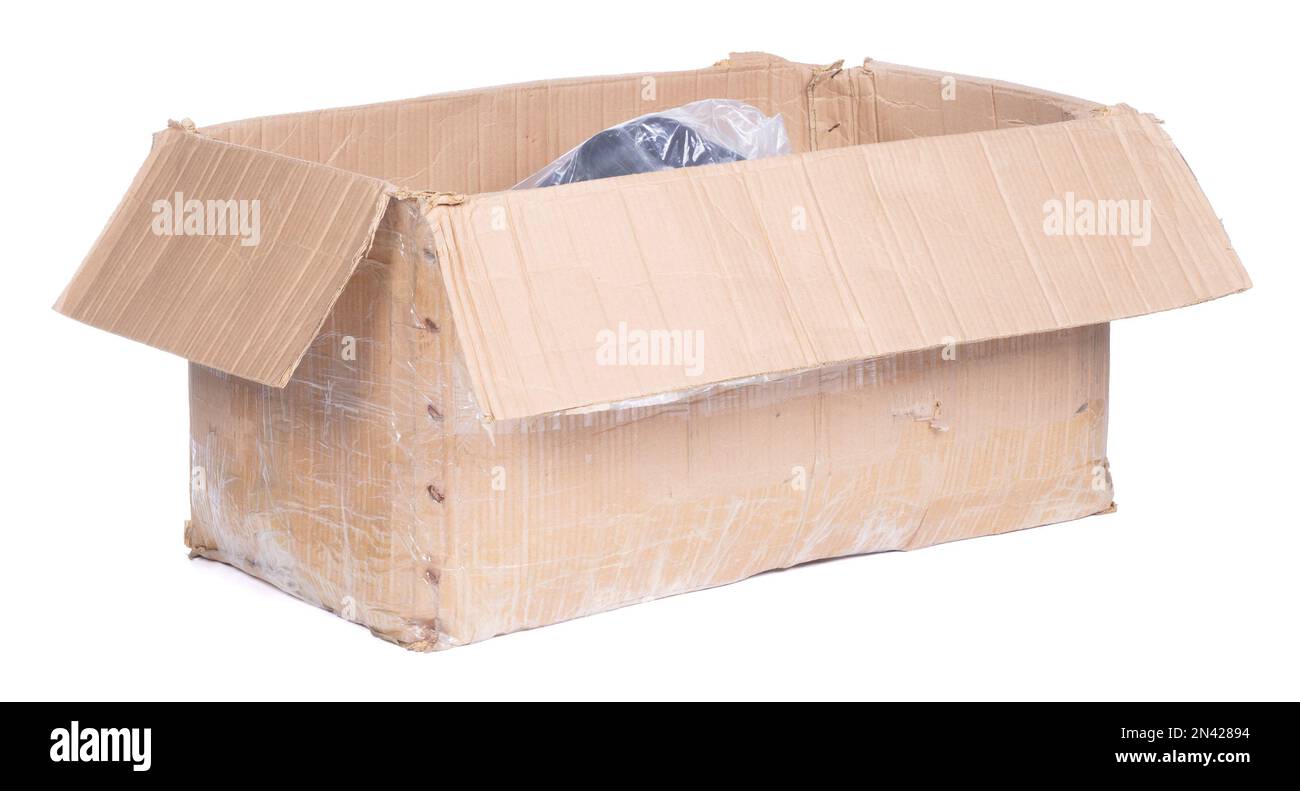 Battered cartboard box isolated on a white background Stock Photo - Alamy