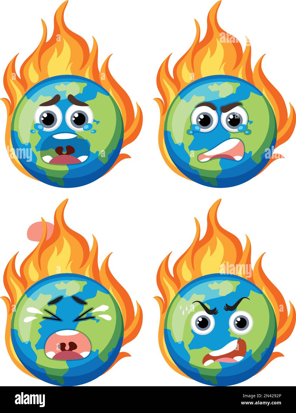 Earth with facial expression on fire from global warming illustration ...