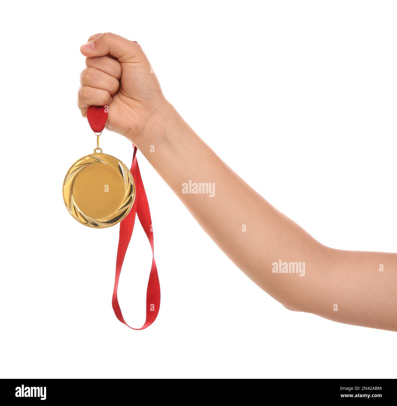 Woman holding gold medal on white background, closeup Stock Photo - Alamy