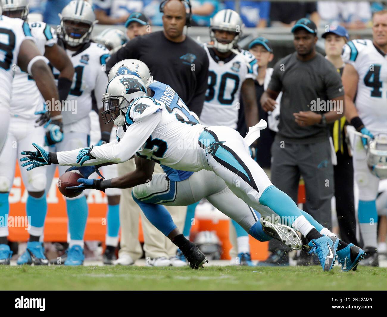 Carolina Panthers' Melvin White (23) tries to break up a pass to ...