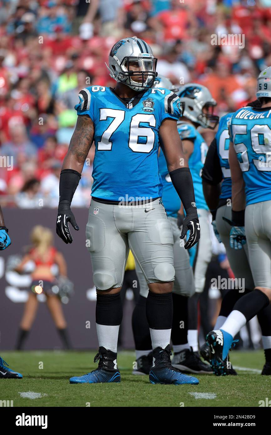 Carolina Panthers defensive end Greg Hardy (76) waits for a play at the ...
