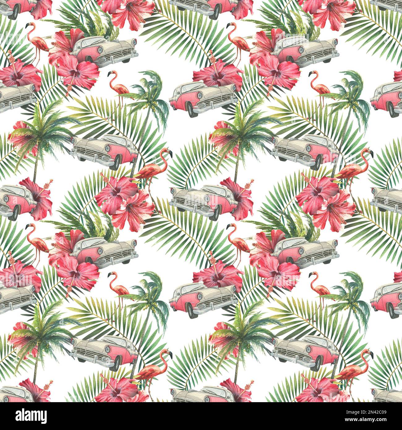 Pink retro car with palm trees and red hibiscus flowers. Watercolor ...