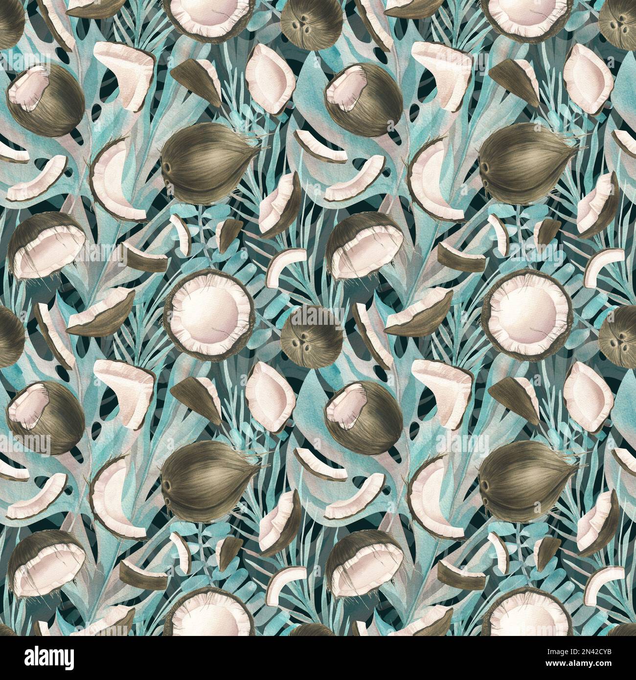 Tropical turquoise leaves with different shapes and pieces of coconut ...