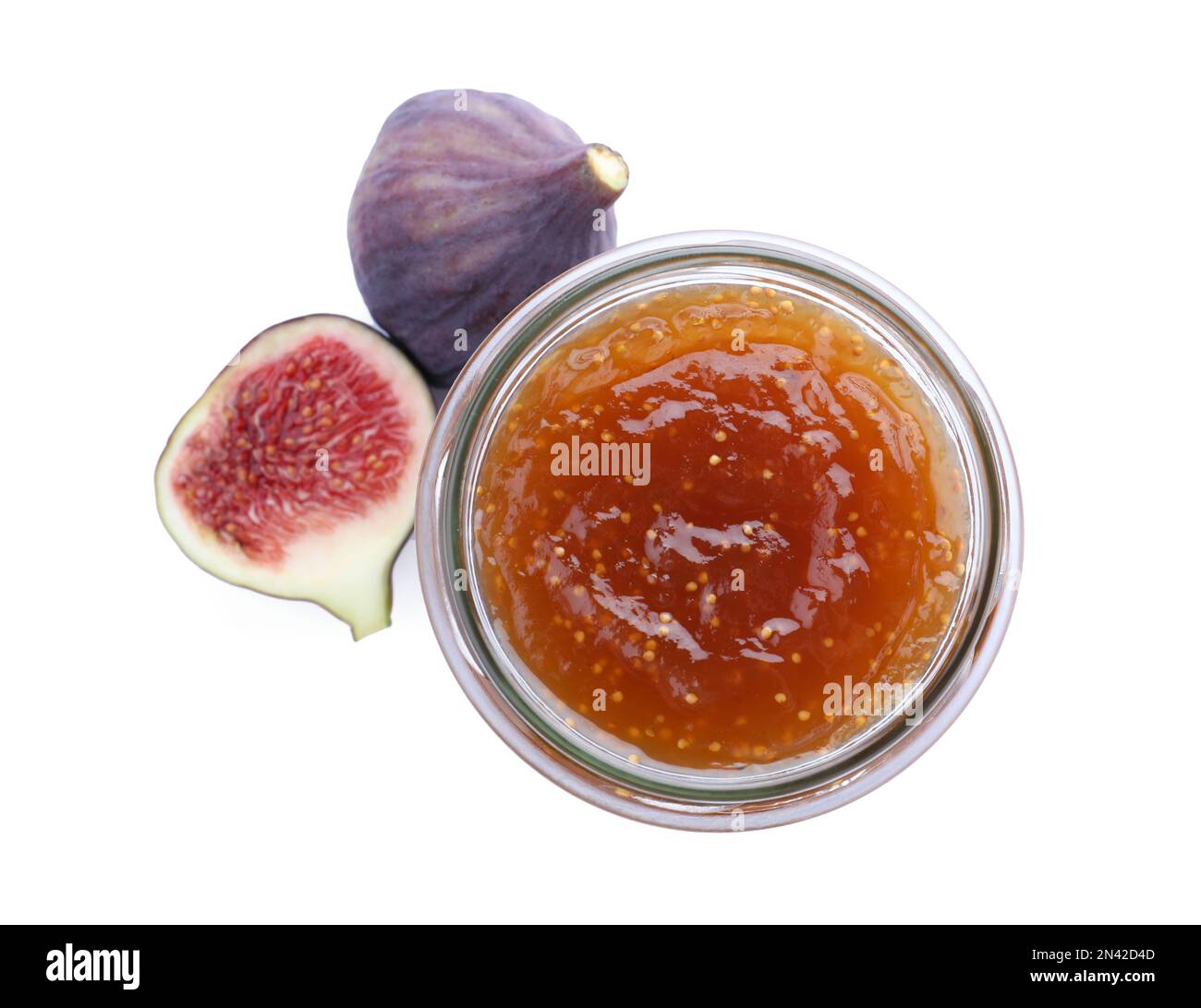 Homemade delicious fig jam and fresh fruits on white background, top ...