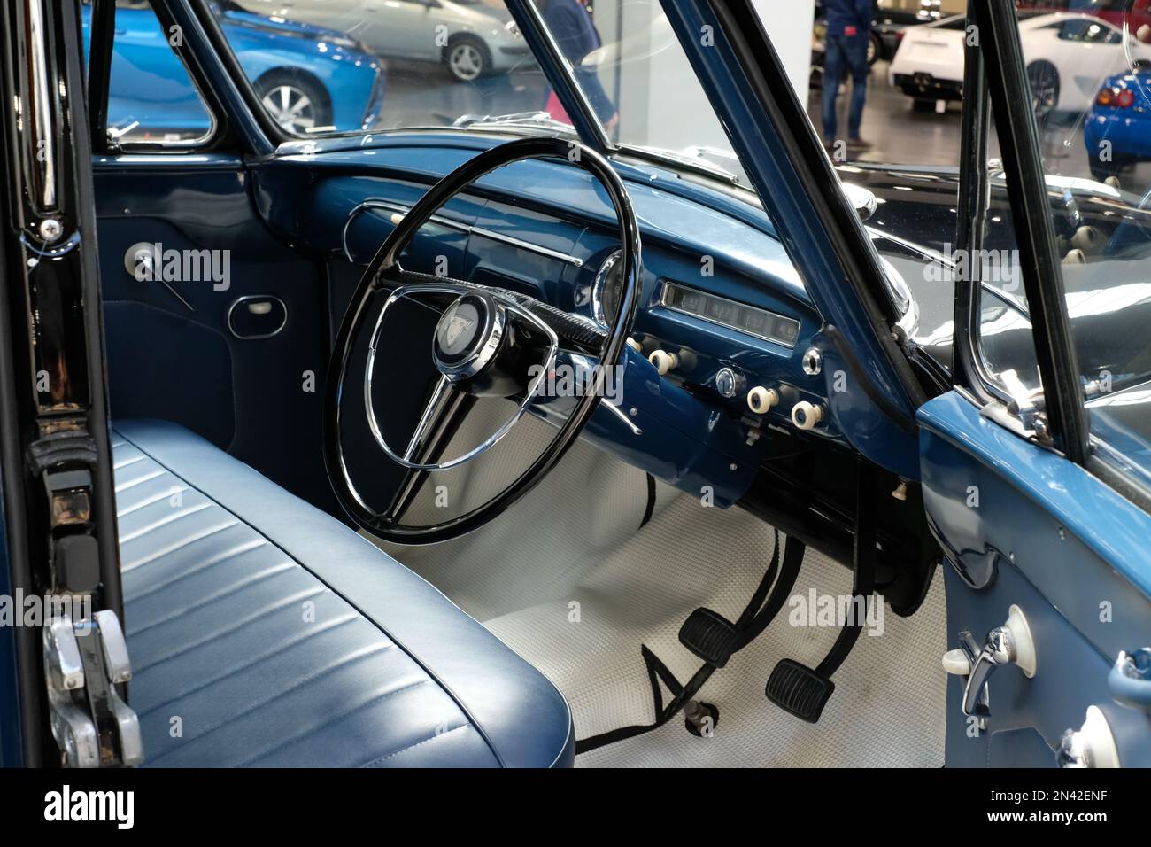 The interior of a vintage car on display at the Toyota Motor Museum in ...