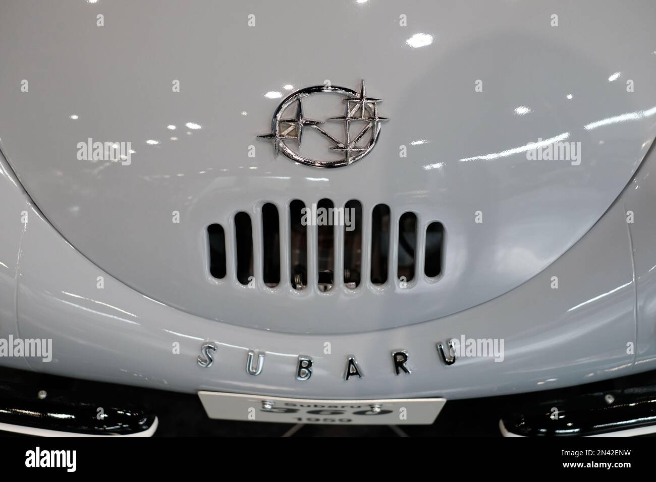 A closeup shot of details on a vintage gray Subaru car in the Toyota ...
