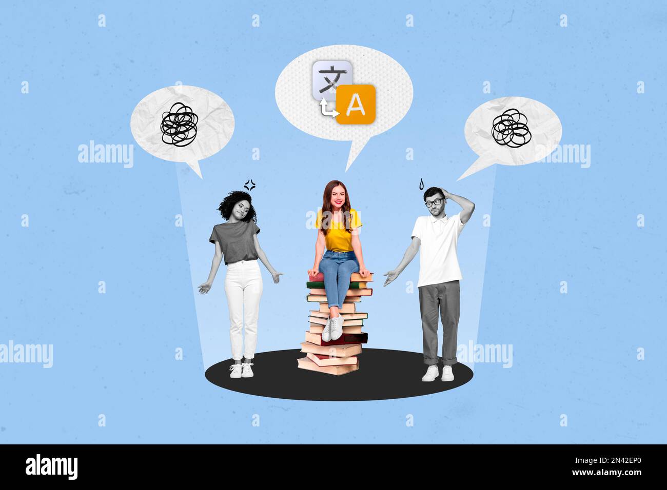Composite photo collage of two couple student trying understand each ...