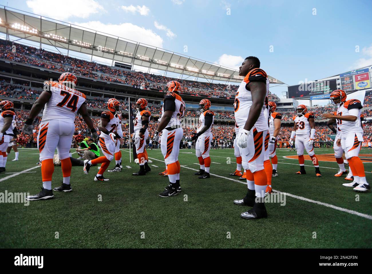 Cincinnati Bengals players stand on the field as the team is introduced ...
