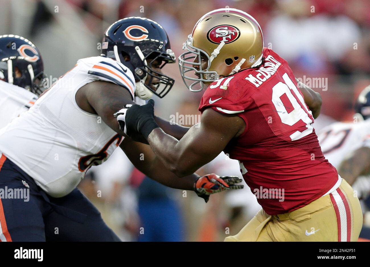 San Francisco 49ers defensive tackle Ray McDonald (91) is blocked by ...