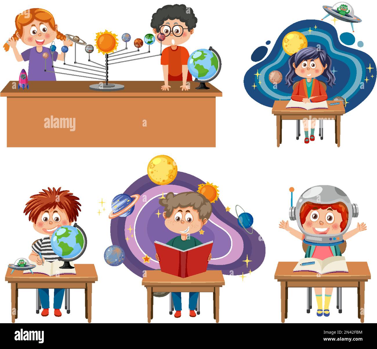 Set of student kids learning astronomy illustration Stock Vector Image ...