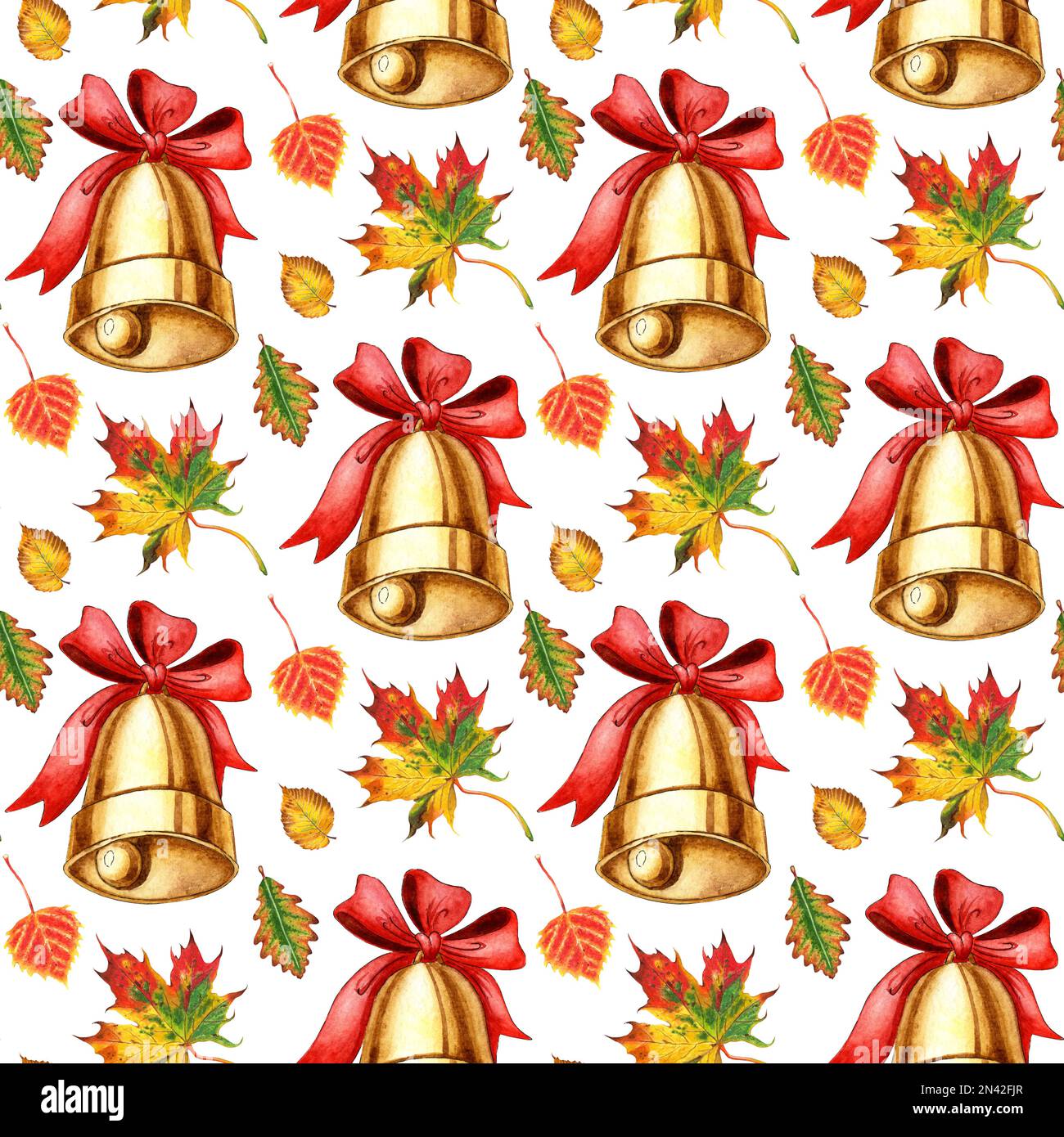 Watercolor pattern golden metal bell with a red bow and autumn leaves ...